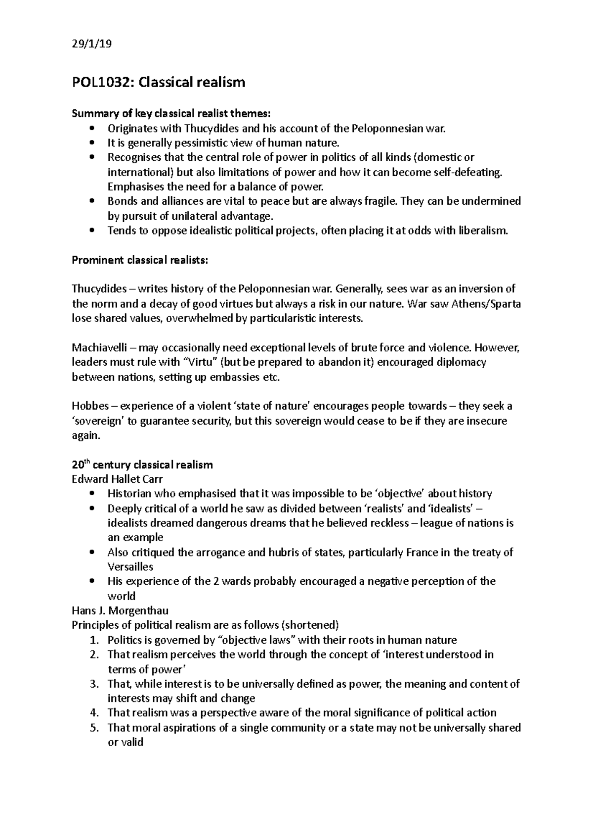 POL1032 classical realism - 29/1/ POL1032: Classical realism Summary of ...