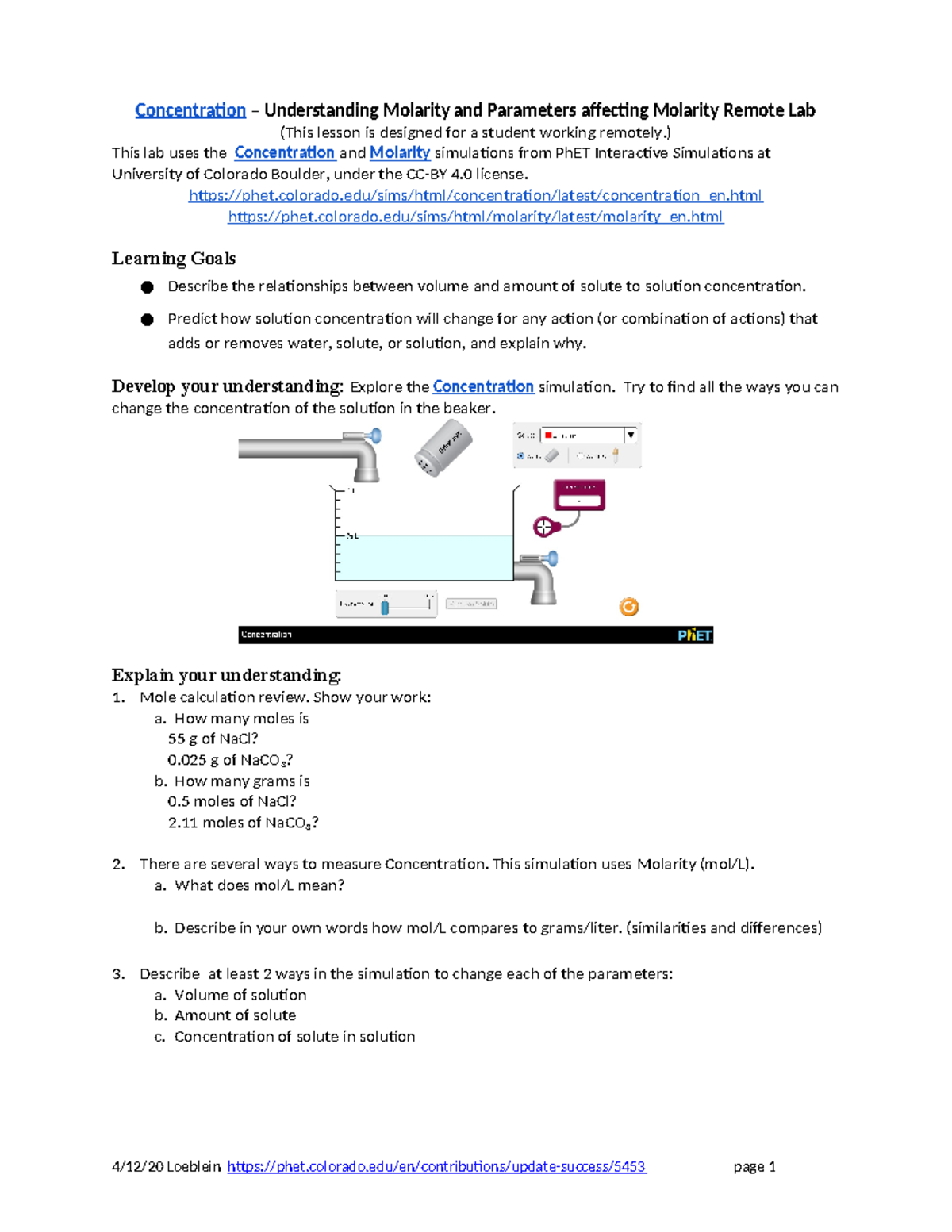 Concentration Molarity Remote Lab (1) - Concentration – Understanding ...