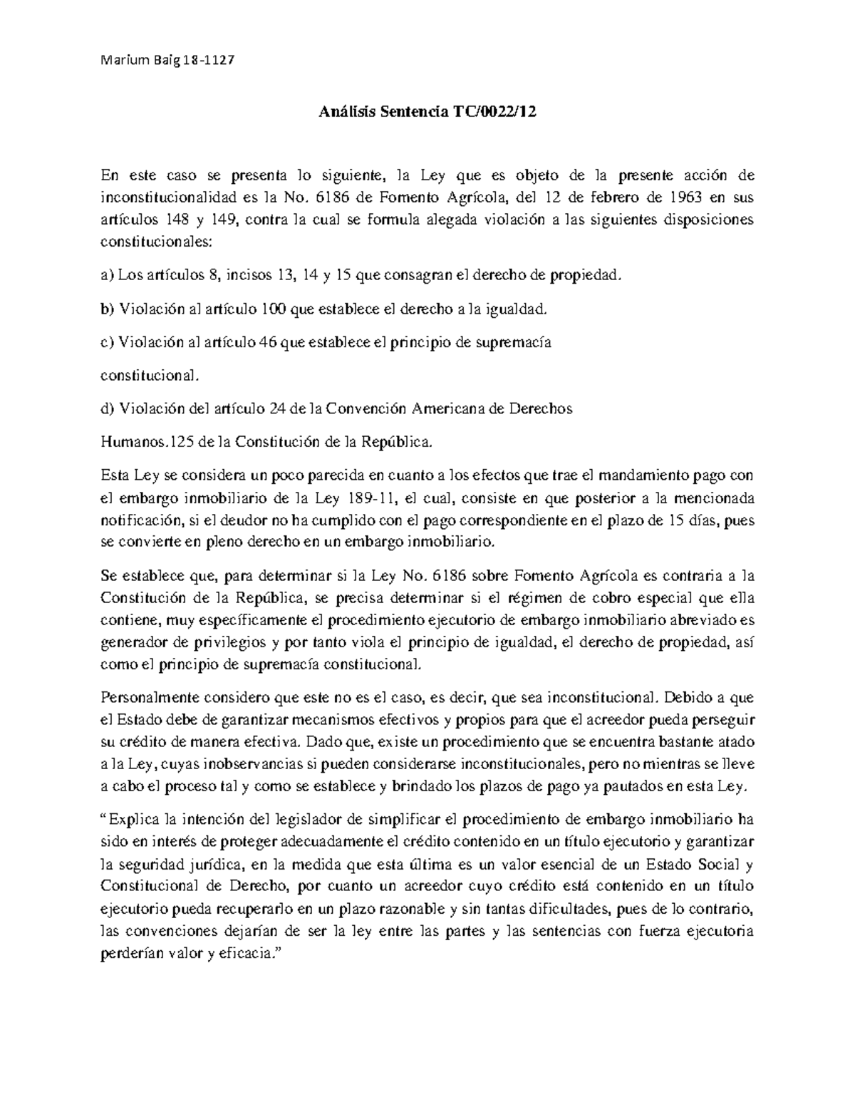 Analisis de sentencia - Marium Baig 18- 1127 Análisis Sentencia TC/0022 ...