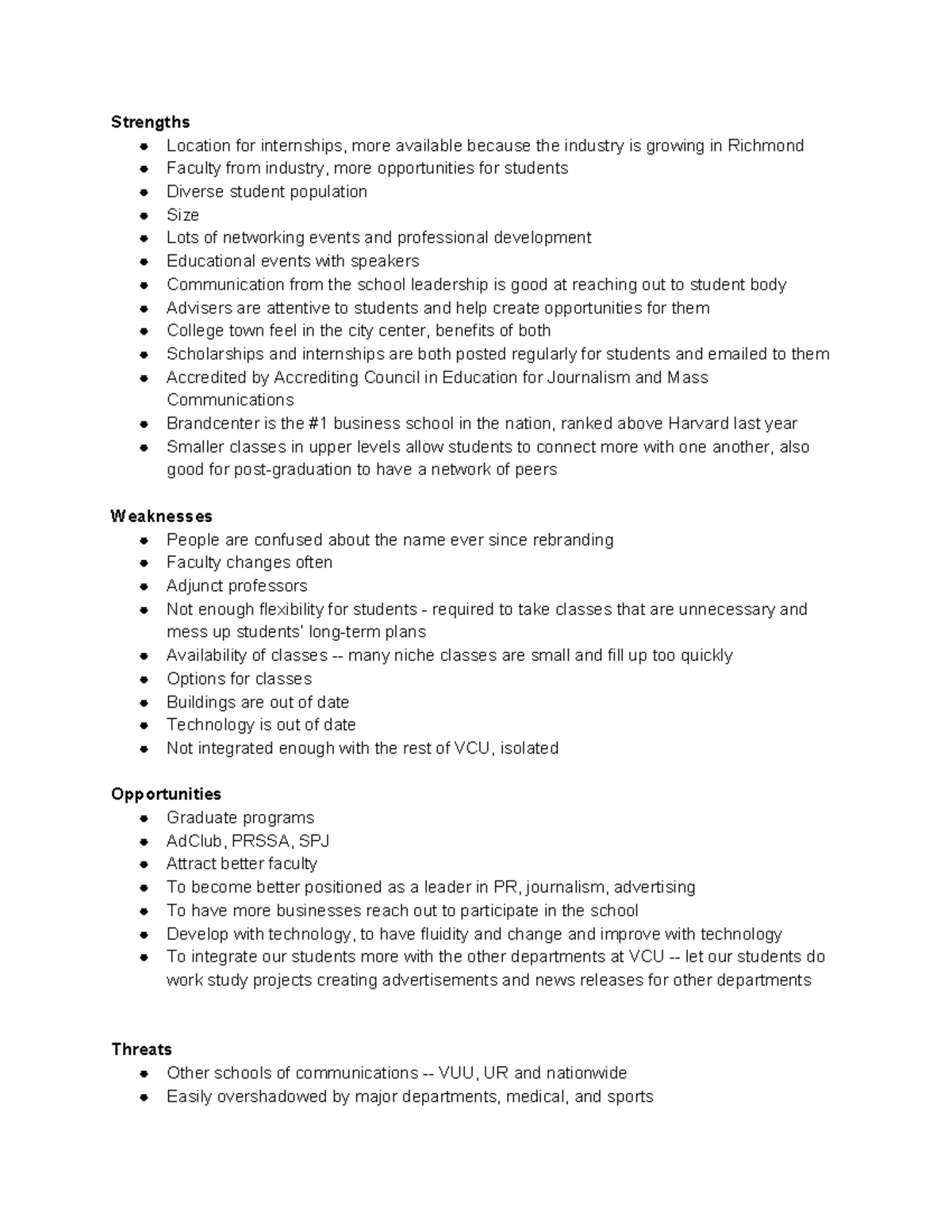 SWOT Analysis PR ResearchNotes - Strengths Location for internships ...