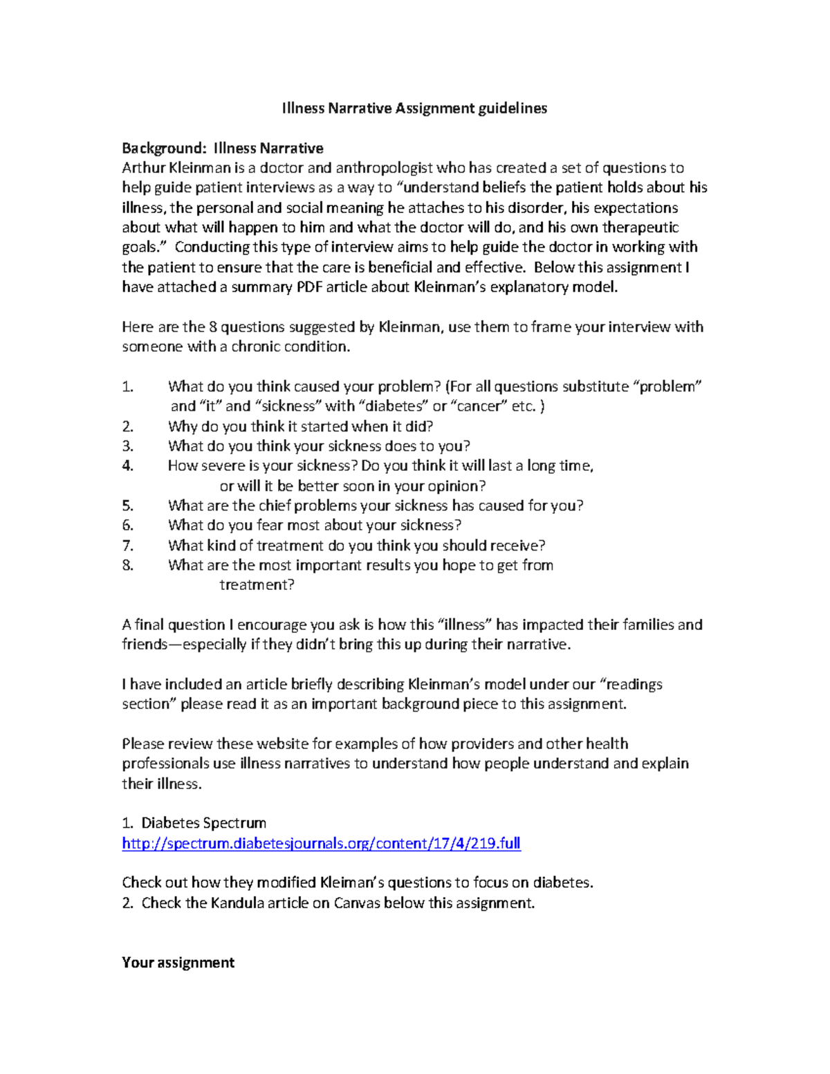 Illness Narrative Assignment guidelines - Illness Narrative Assignment ...