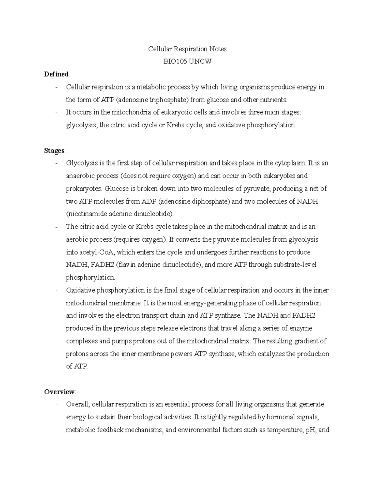 Bio105 - Cellular Repiration Notes - Cellular Respiration Notes BIO105 ...
