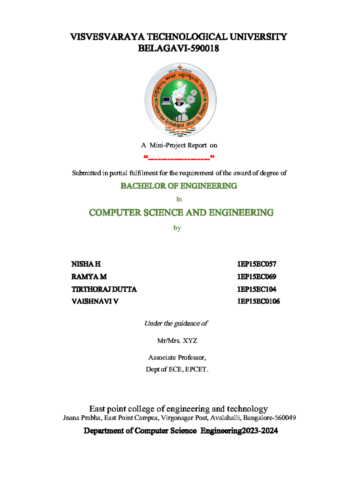 Miniproject Front Page &1 - VISVESVARAYA TECHNOLOGICAL UNIVERSITY ...