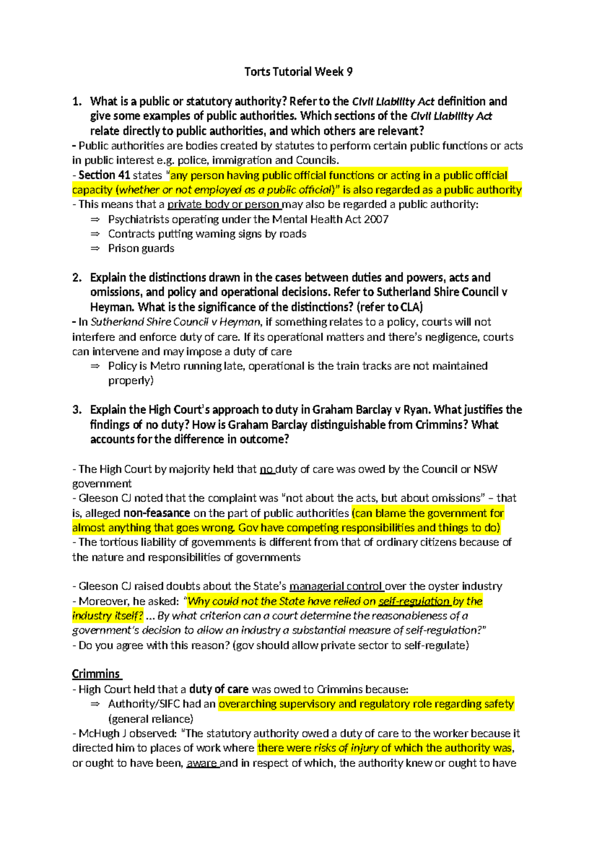 Week 9 torts tutorial - cccccc - Torts Tutorial Week 9 What is a public or statutory authority ...
