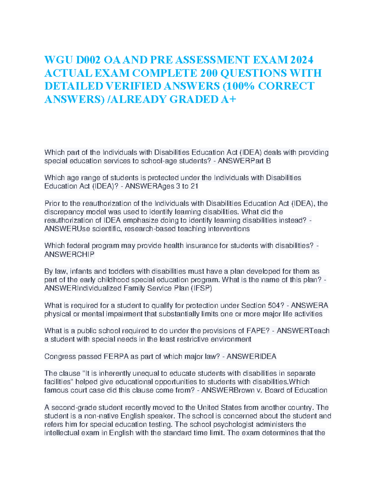 WGU D002 OA AND PRE Assessment EXAM 2024 Actual EXAM Complete 200 Questions WITH Detailed ...