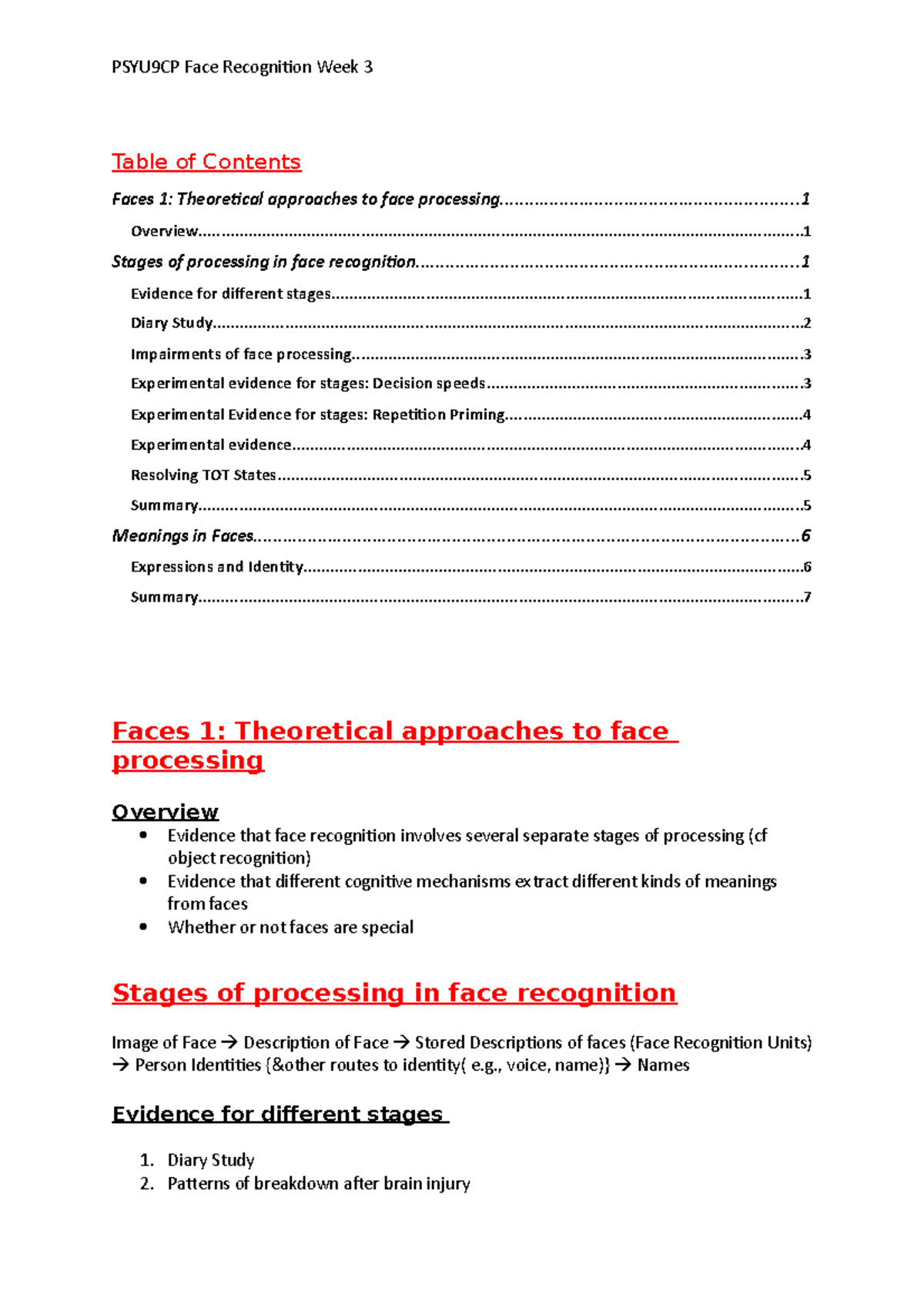 PSYU9CP Topic 1 Face Recognition Week 3 - Table of Contents Faces 1 ...