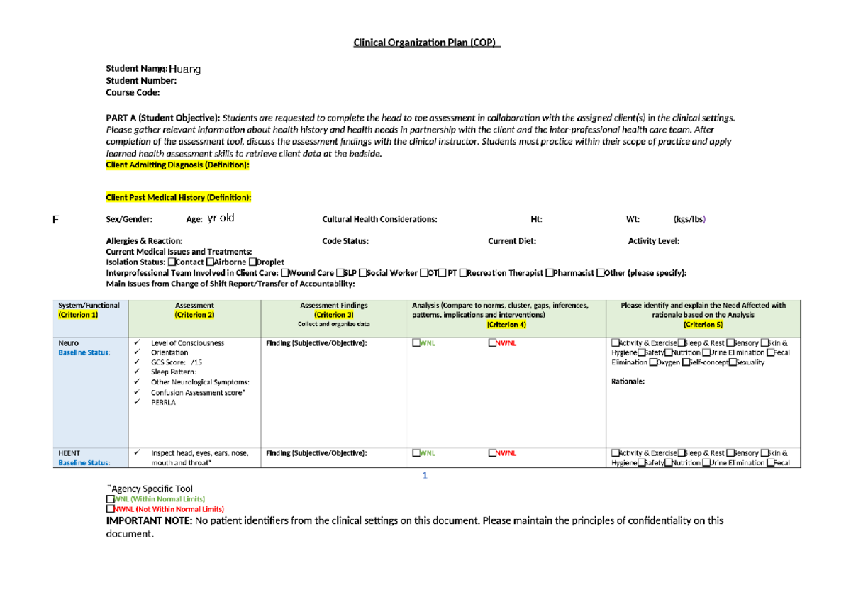 Clinical Organizational Plan Template W...ctical Nrsg Clinical Applic ...