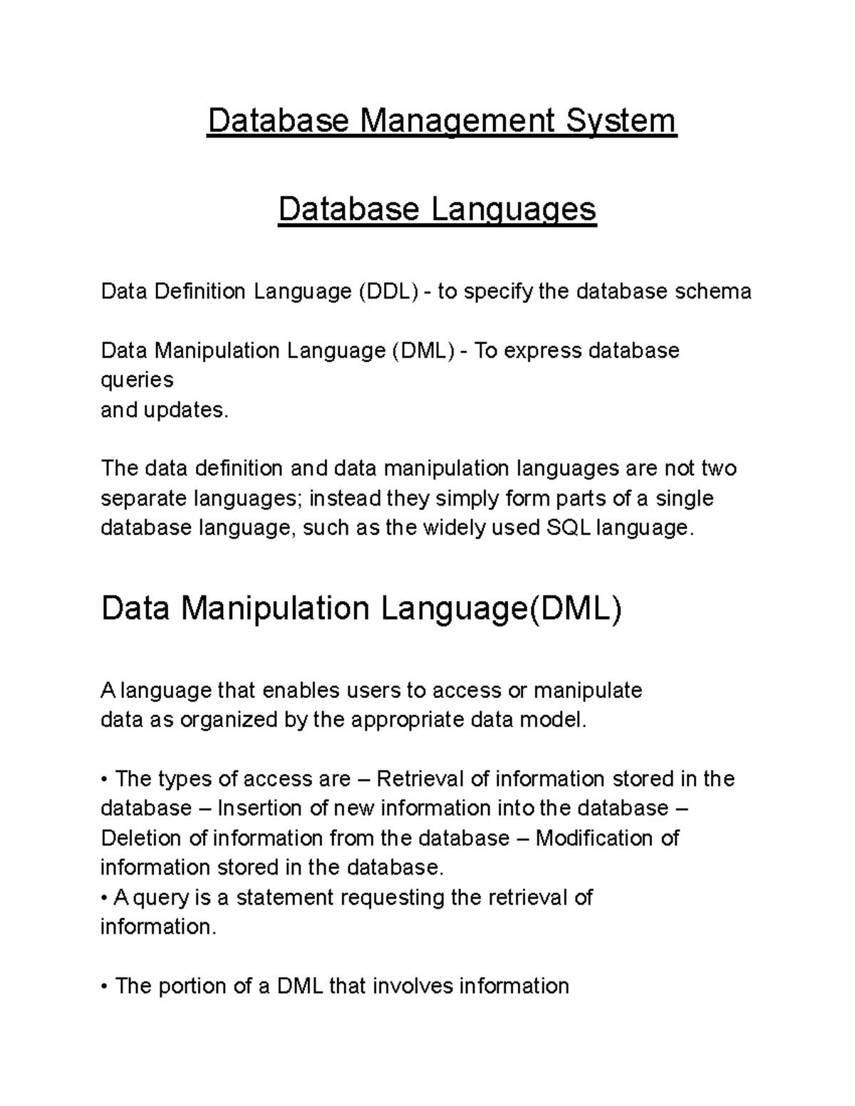 Database Languages - Database Management System Database Languages Data Definition Language (DDL ...