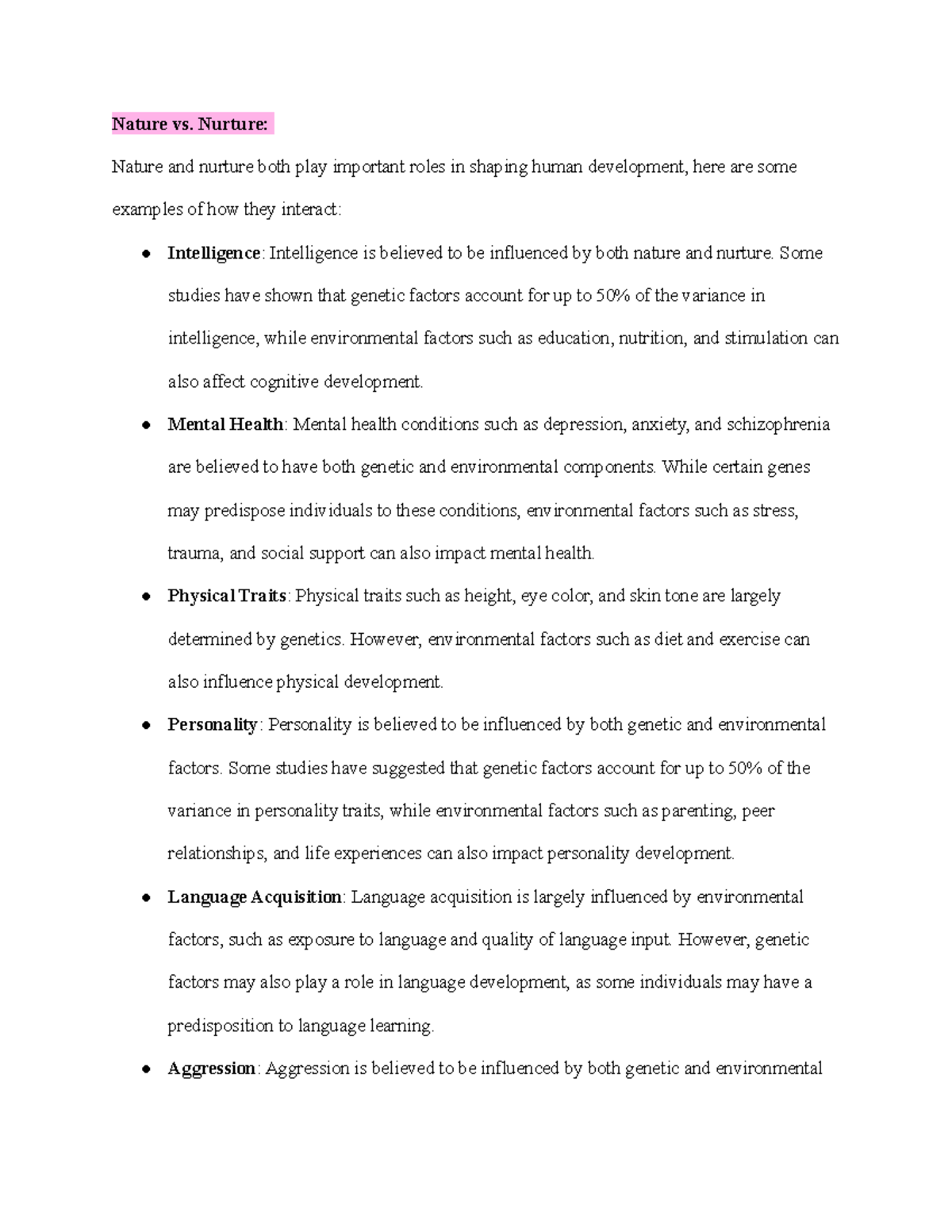 Notes On Dev. Psych Part2 - Nature vs. Nurture: Nature and nurture both ...