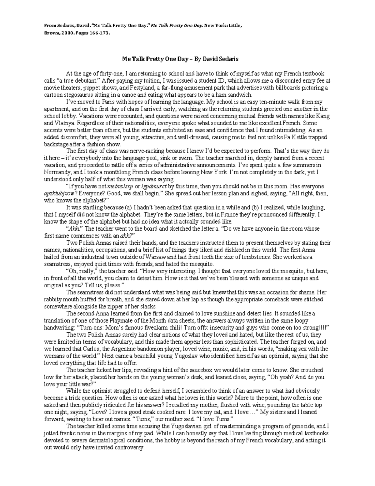 Me+Talk+Pretty - essay - From Sedaris, David. “Me Talk Pretty One Day ...