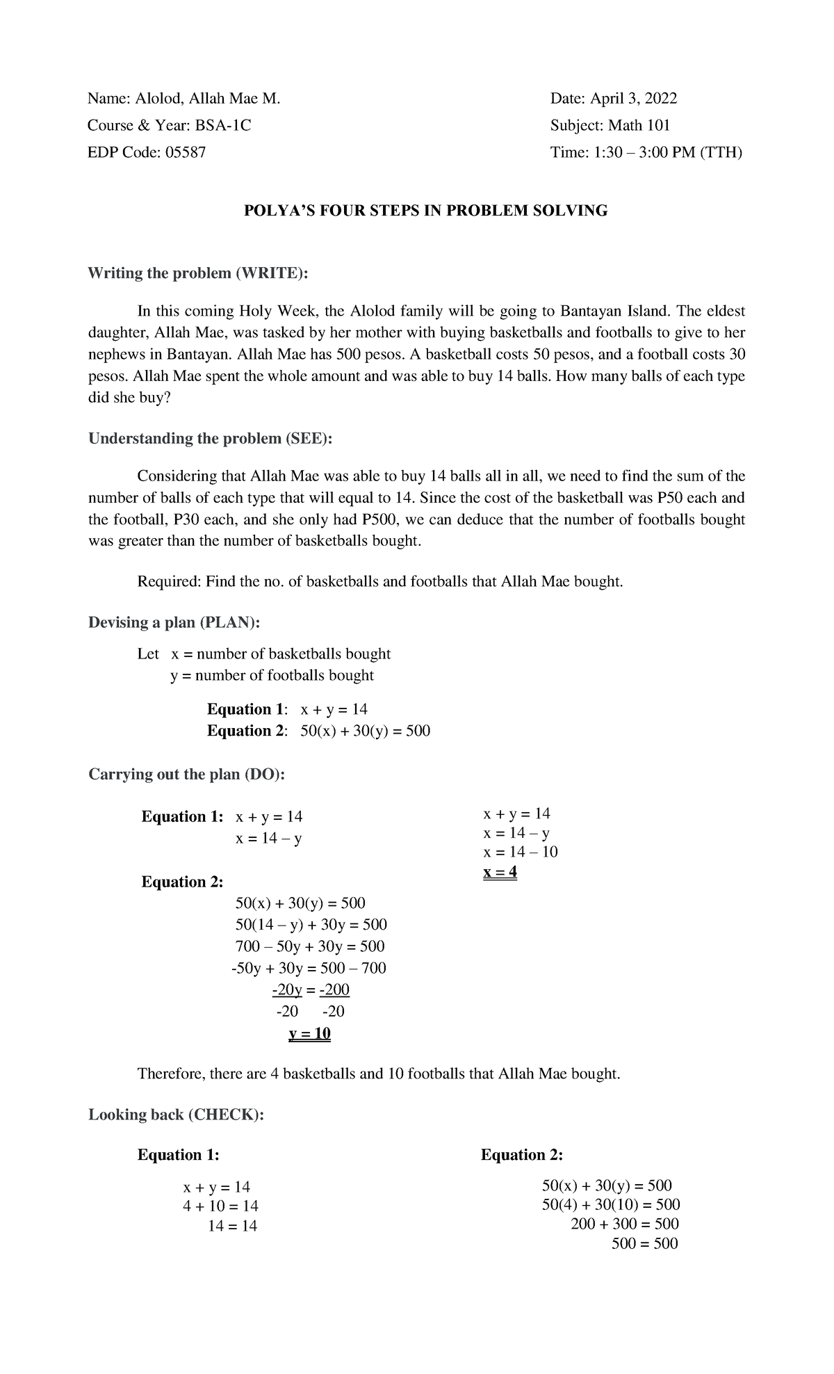 Alolod, Allah Mae - Activity 4 (Polya's Four Steps in Problem Solving ...