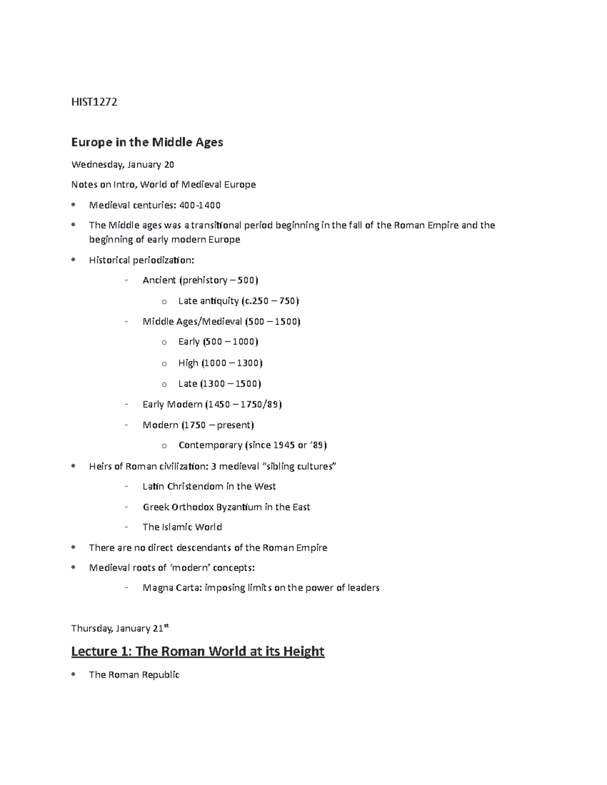 HIST1272 Lecture 1 - Hist 1272 Notes - HIST Europe in the Middle Ages ...