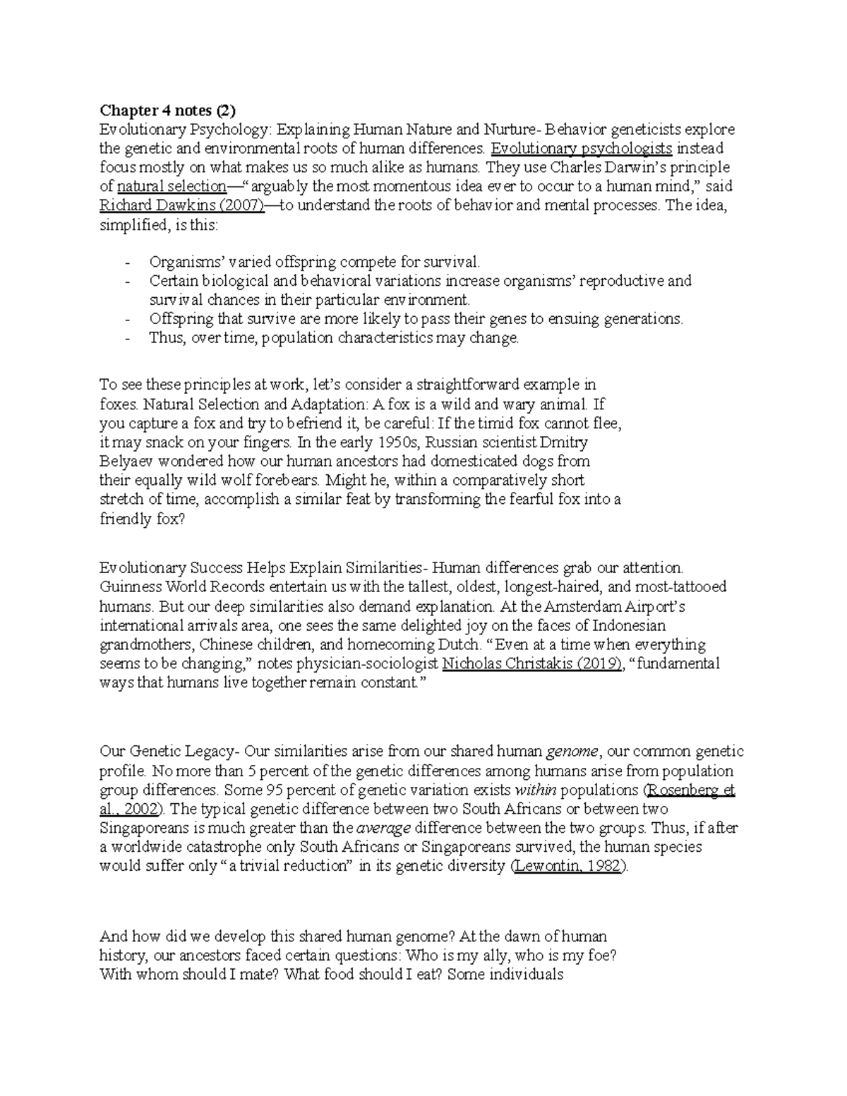 Chapter 4 notes (2 and 3) - Chapter 4 notes (2) Evolutionary Psychology ...