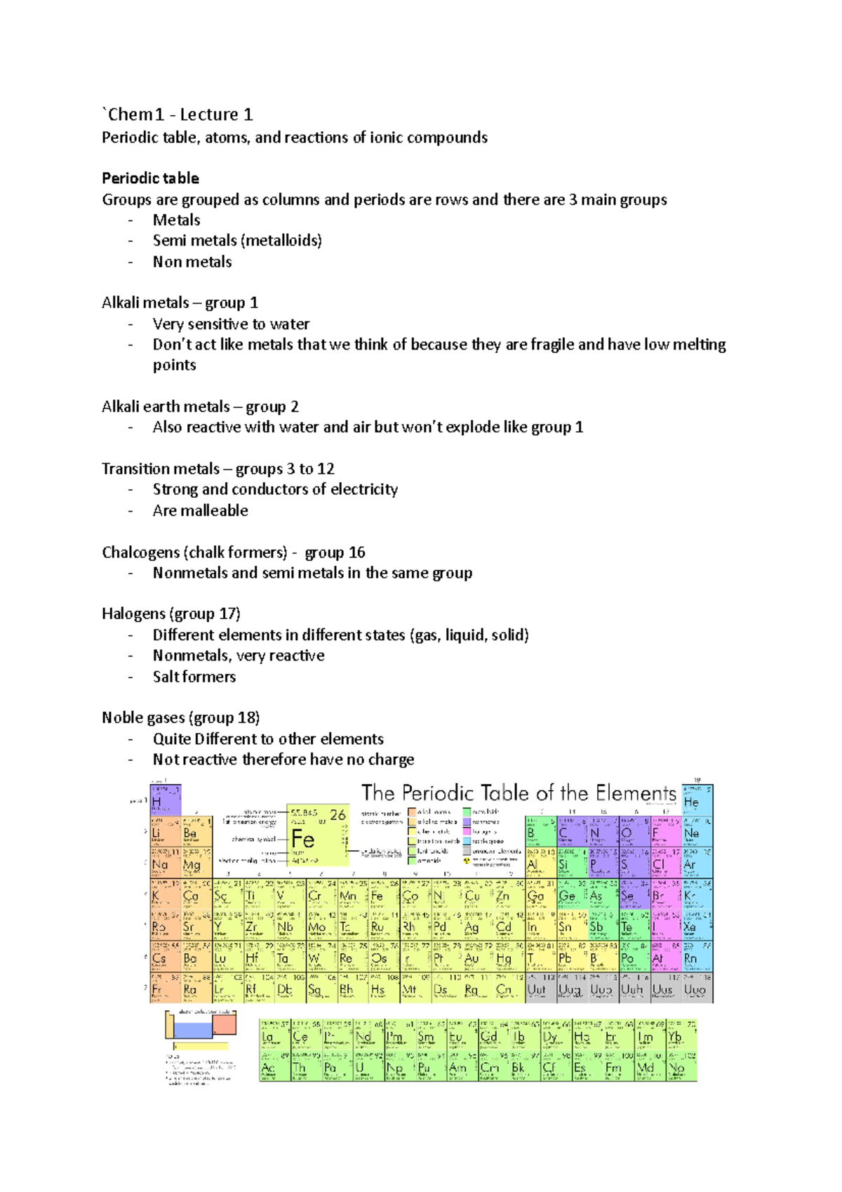 Lec 1 notes chem - `Chem1 - Lecture 1 Periodic table, atoms, and ...