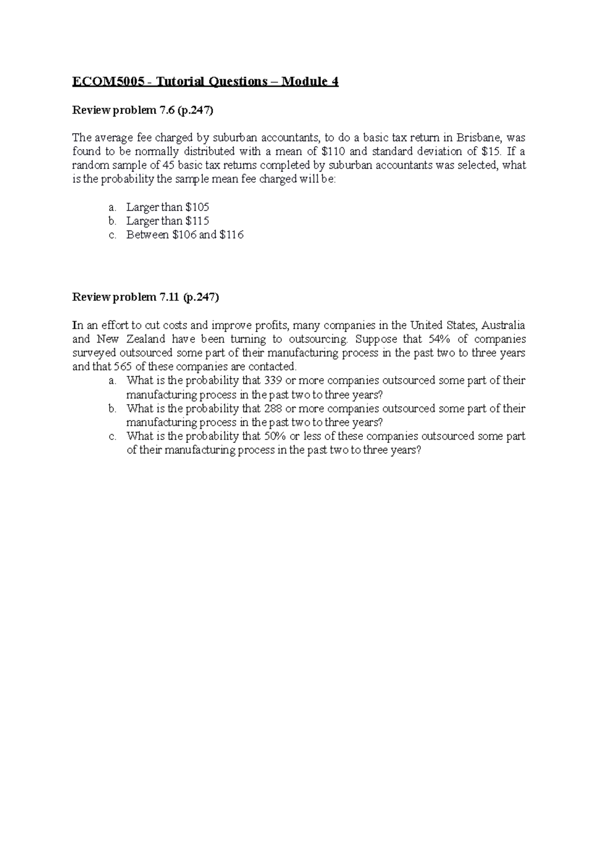 M4 Tute questions - NOt Applicable - ECOM5005 - Tutorial Questions ...