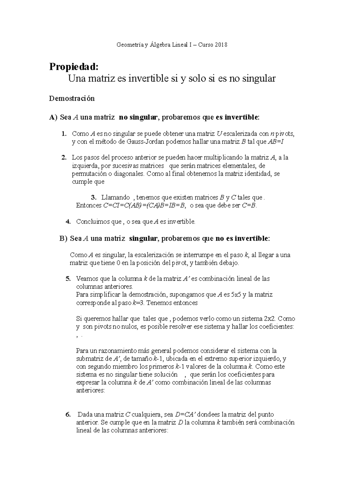Dem matriz invertible - Geometría y Álgebra Lineal I – Curso 2018 ...