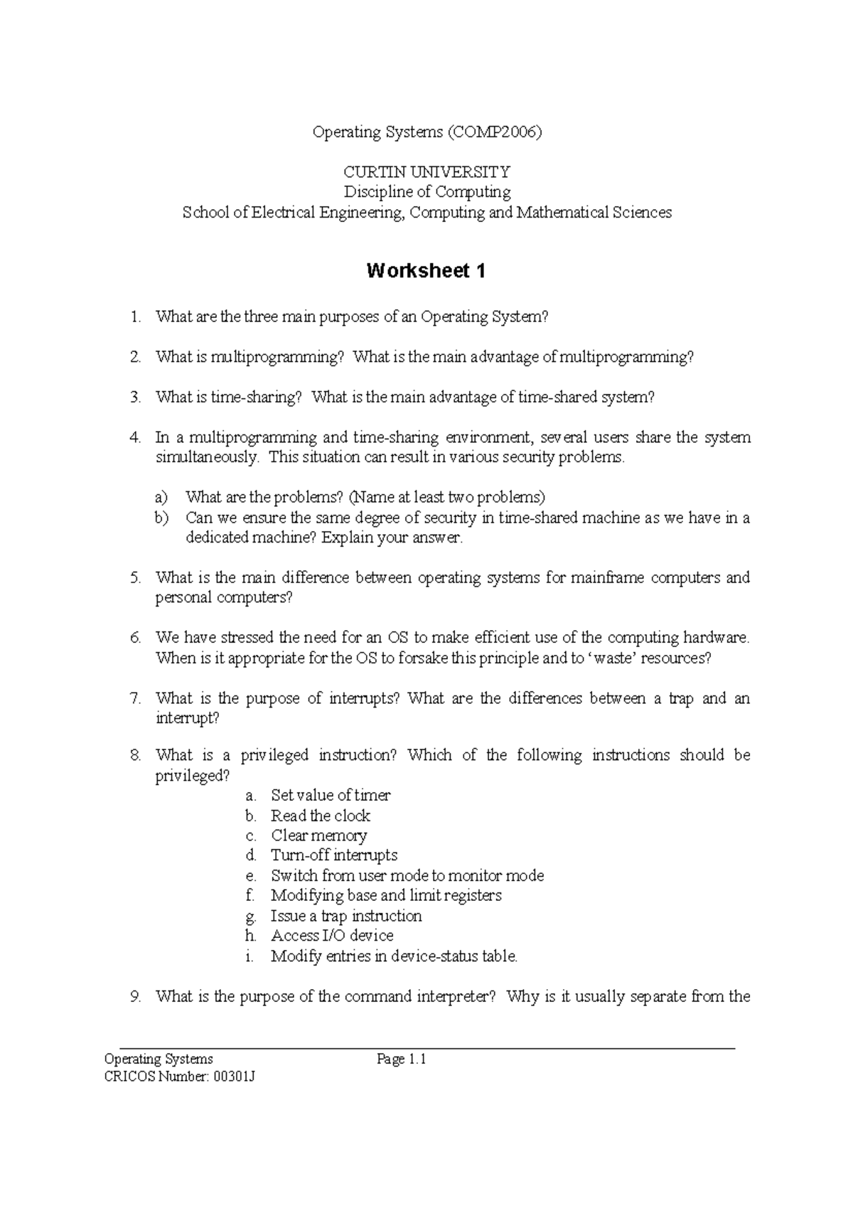 operating system - Operating Systems Page 1. 1 CRICOS Number: 00301J Operating Systems (COMP2006 ...