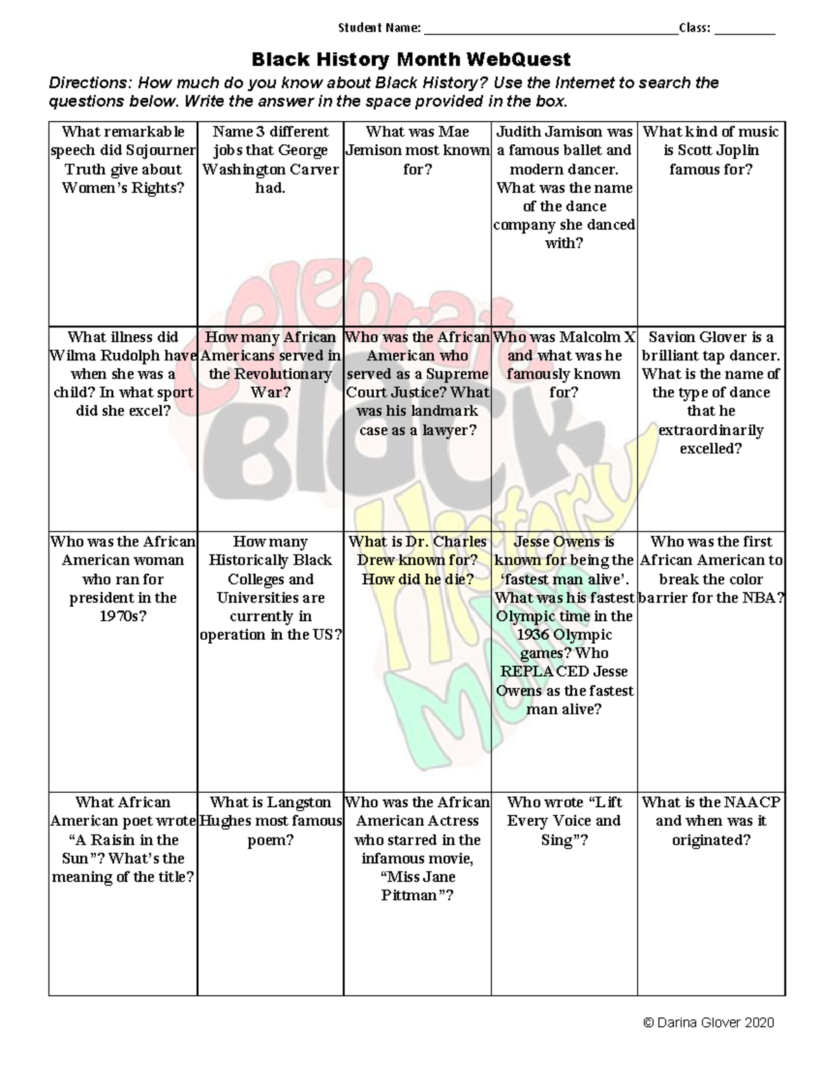 Black History Month Web Quest-1 - Student Name: Class: © Darina Glover ...