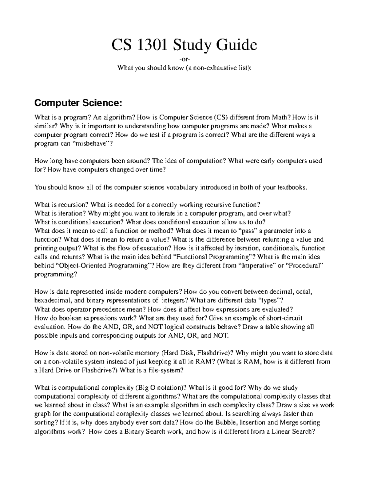 What you should know - Study Doc - CS 1301 Study Guide -or- What you ...