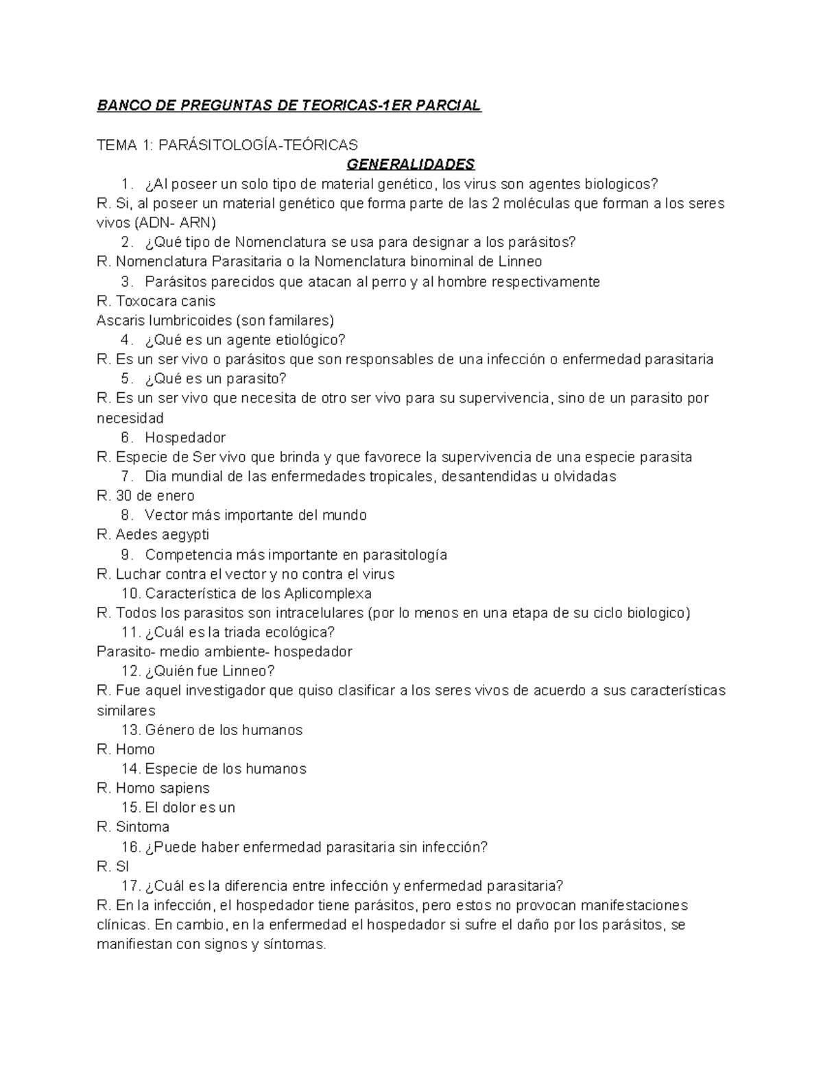 TEMA 1- Parásitología- Teóricas - BANCO DE PREGUNTAS DE TEORICAS-1ER PARCIAL TEMA 1: - Studocu