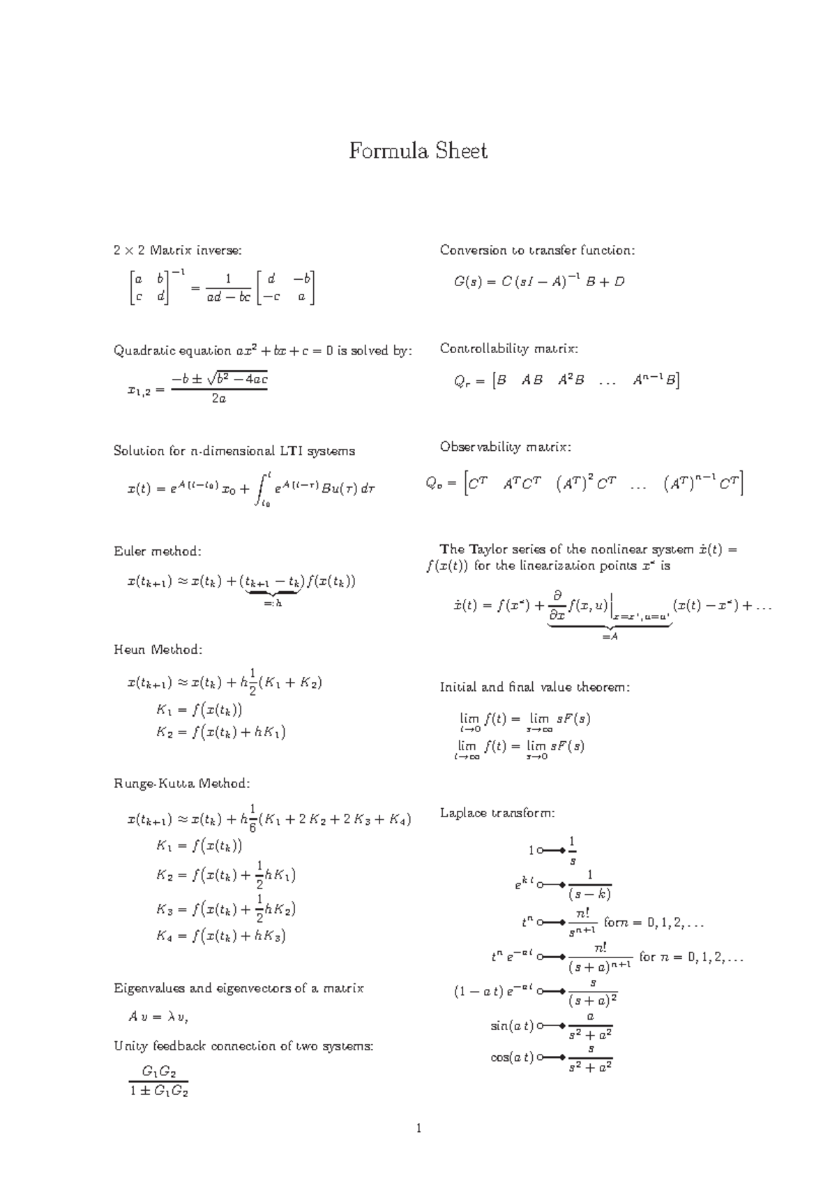 cps Formula Sheet - Formula Sheet 2 ×2 Matrix inverse: [ a b c d ]− 1 ...