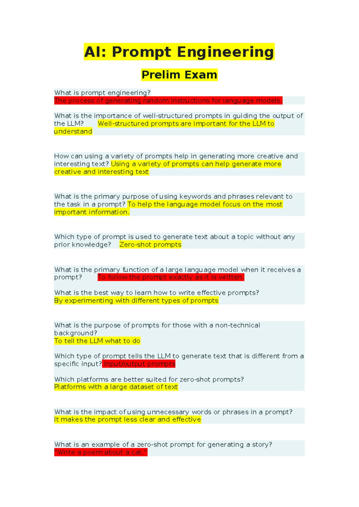 AI Prelim Exam - AI: Prompt Engineering Prelim Exam What is prompt ...