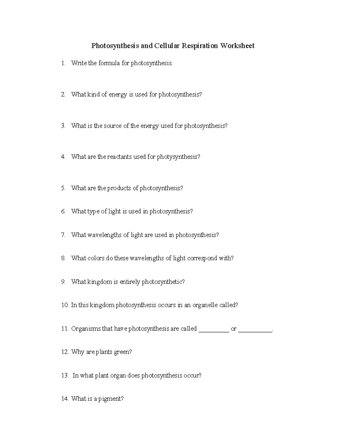 Photosynthesis and cellular respiration worksheet - Photosynthesis and ...