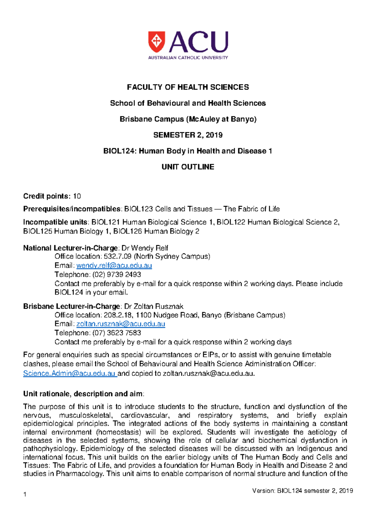 Biol124 Unit Outline Warning Tt Undefined Function 32 Faculty Of Health Sciences School Of