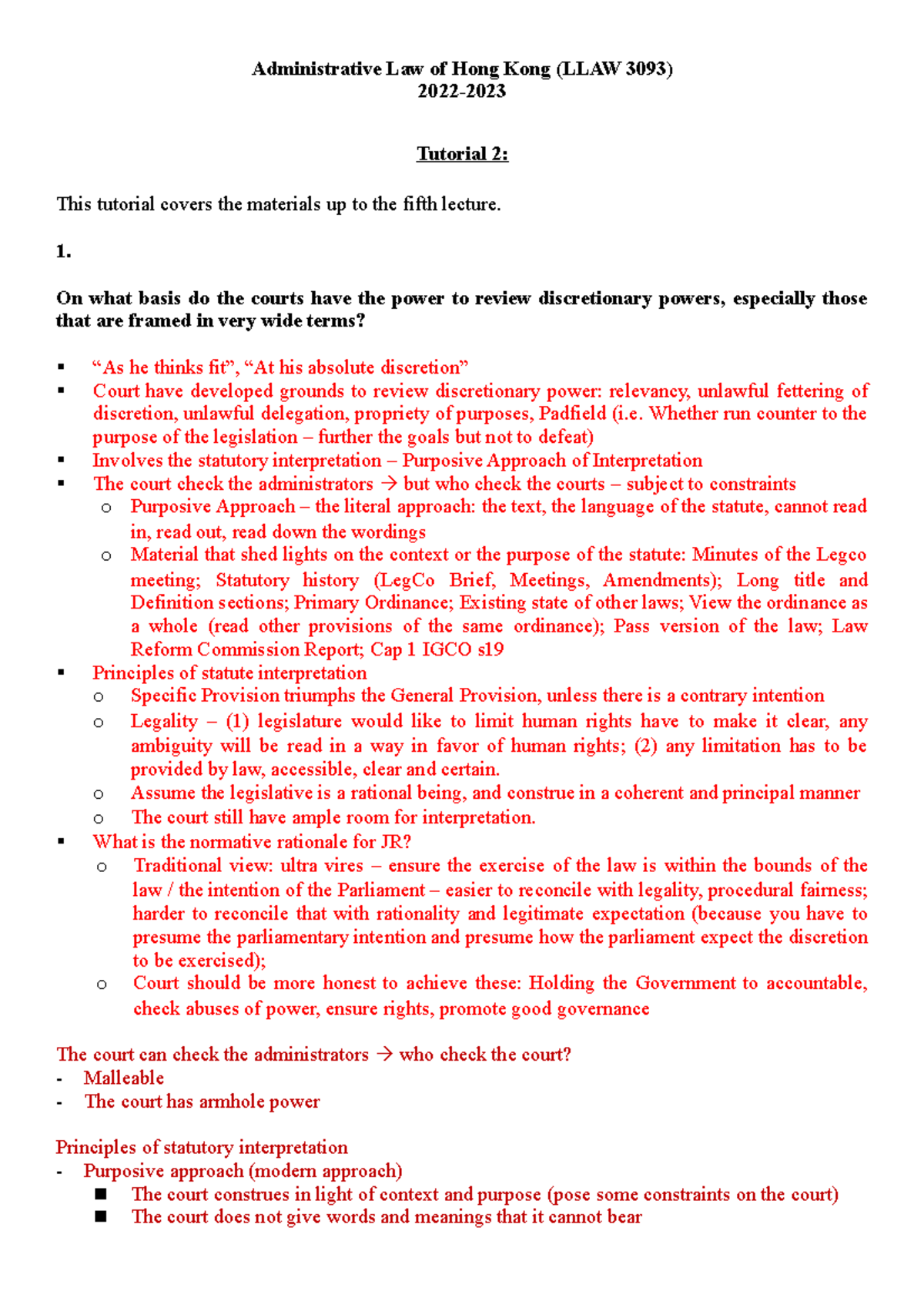 Tutorial 2 Legality - Administrative Law of Hong Kong (LLAW 3093) 2022 ...