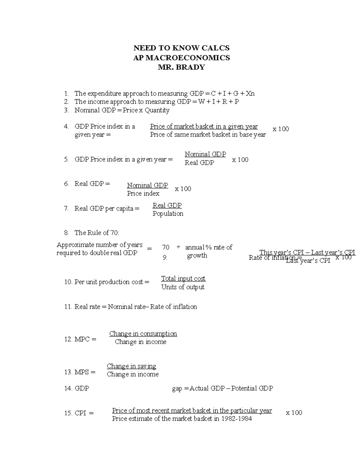 Calculations - Econ 102 Macroeconomics 2020-2021 - NEED TO KNOW CALCS AP MACROECONOMICS MR ...