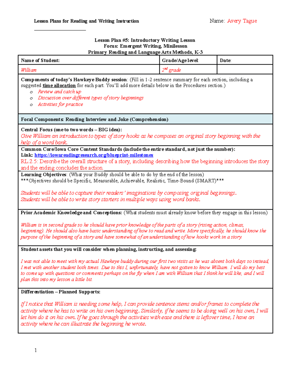 Lesson plan 5 - __________________ Lesson Plan #5: Introductory Writing ...