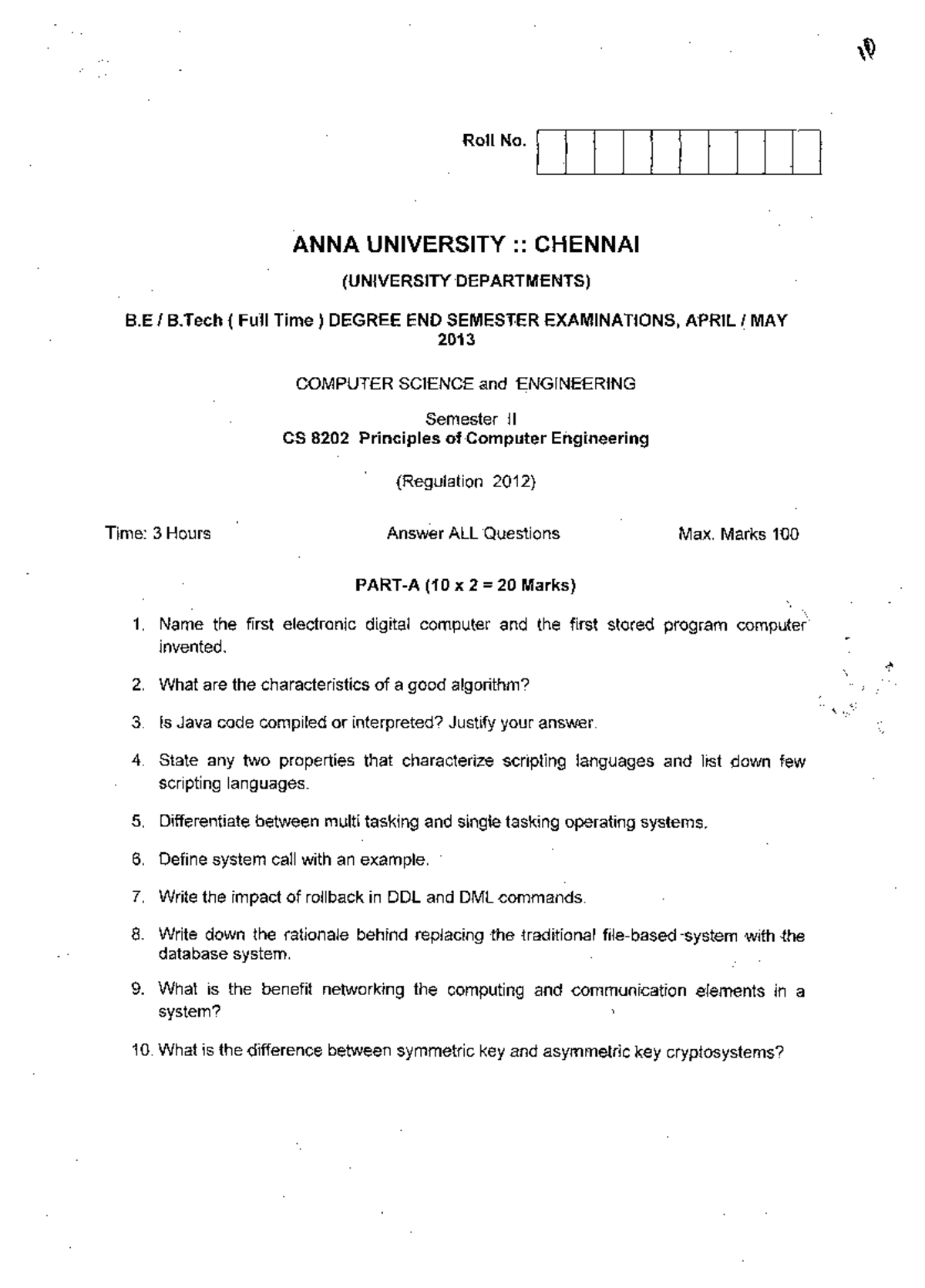 Model Question paper - computer science and engineering - Studocu