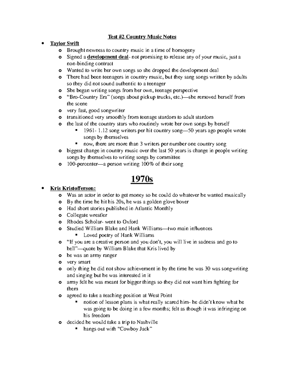 Test 2 country music notes - Test #2 Country Music Notes Taylor Swift o ...