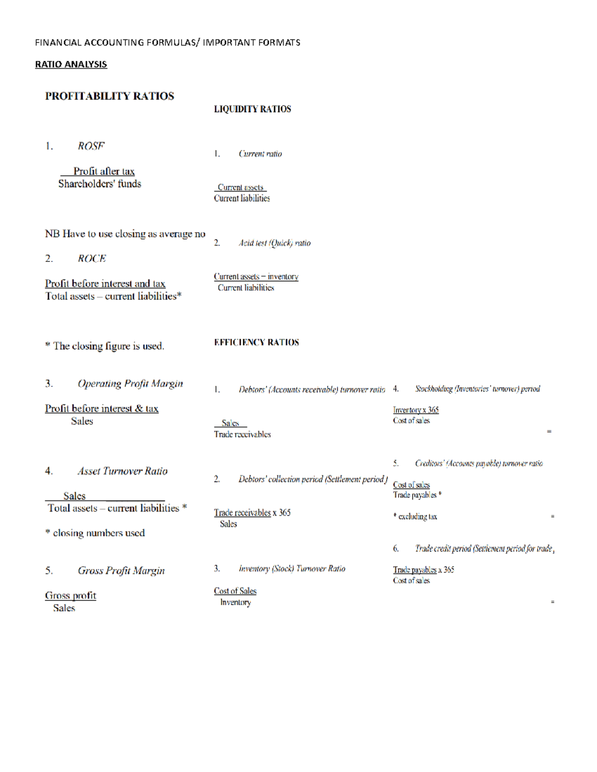 AC100 Financial Accounting Ratio Formula Sheet - FINANCIAL ACCOUNTING ...