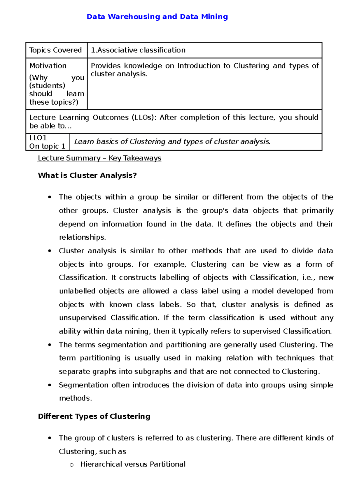 Introduction To Clustering And Types Of Cluster Analysis Lecture