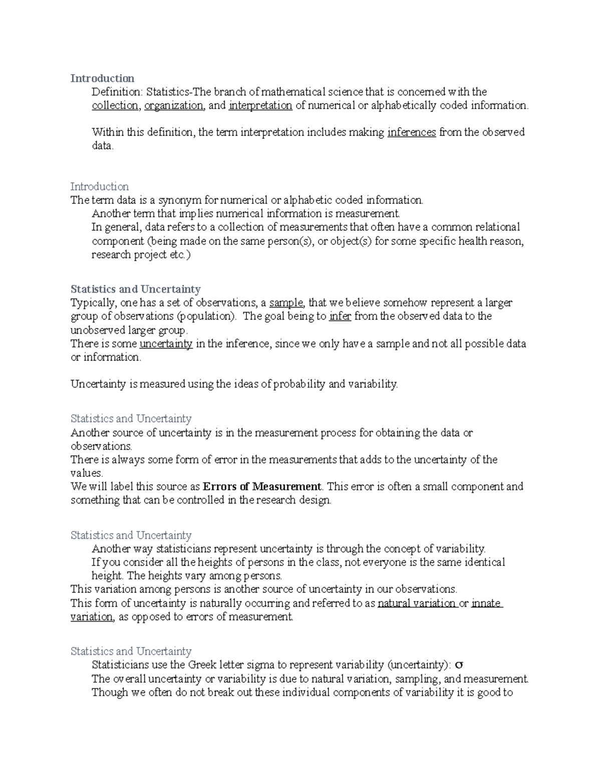 Biostatisitcs Lecture One Notes - Introduction Definition: Statistics ...