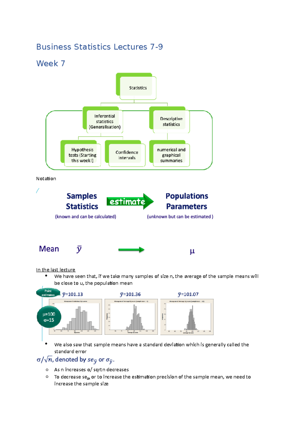 Stat1250 Wk 7 9 Lecture Summaries Week 7 9 Business Statistics Lectures 7 Week 7 Notation