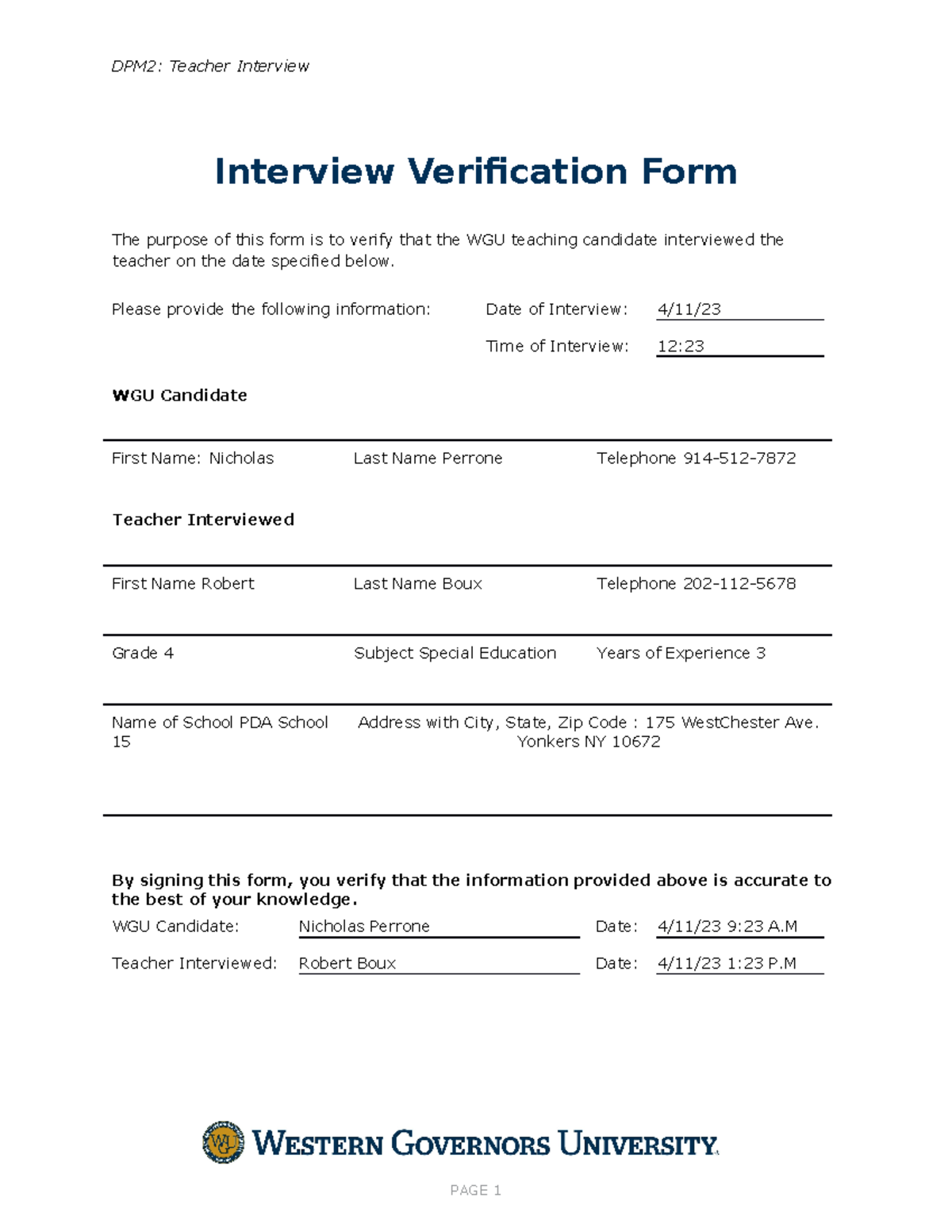 Interview Verification Form - DPM2: Teacher Interview Interview ...