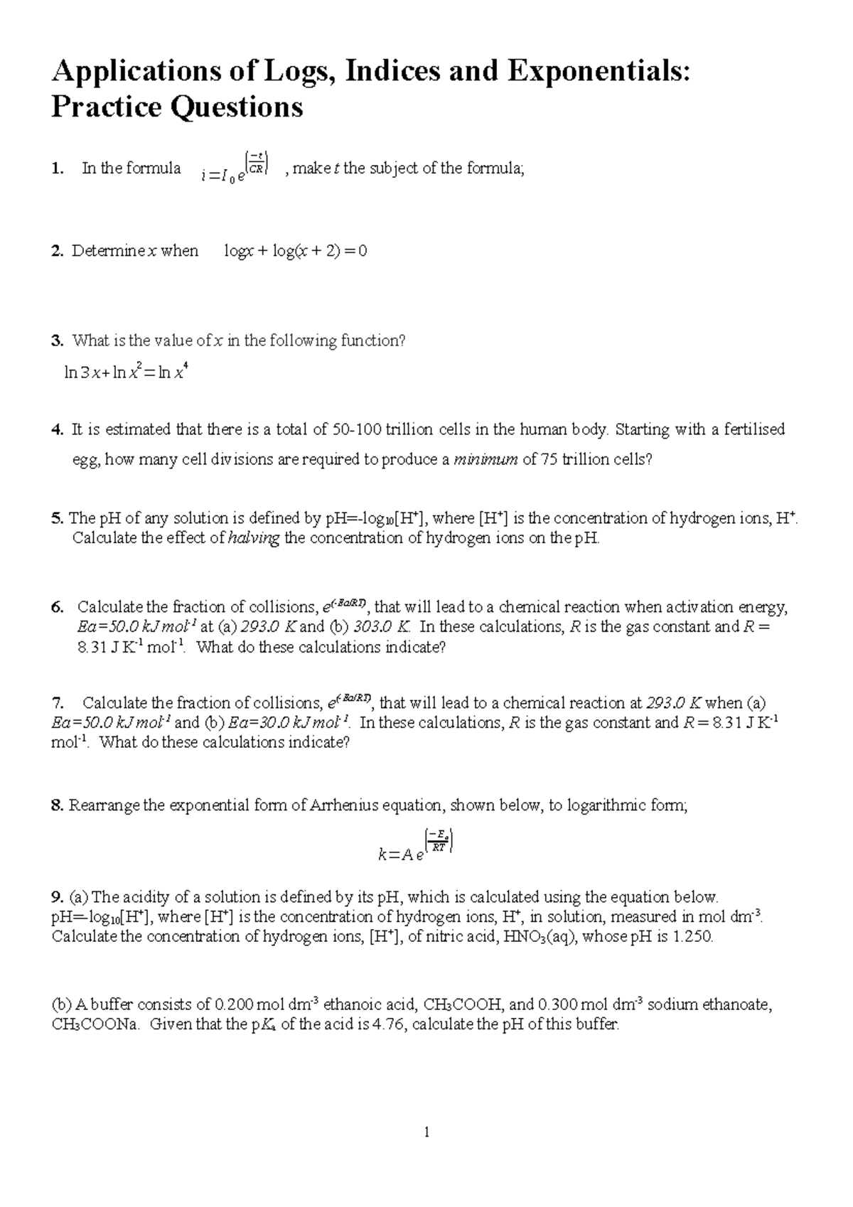 Applications of Logs, Indices and Exponentials: Practice Questions ...