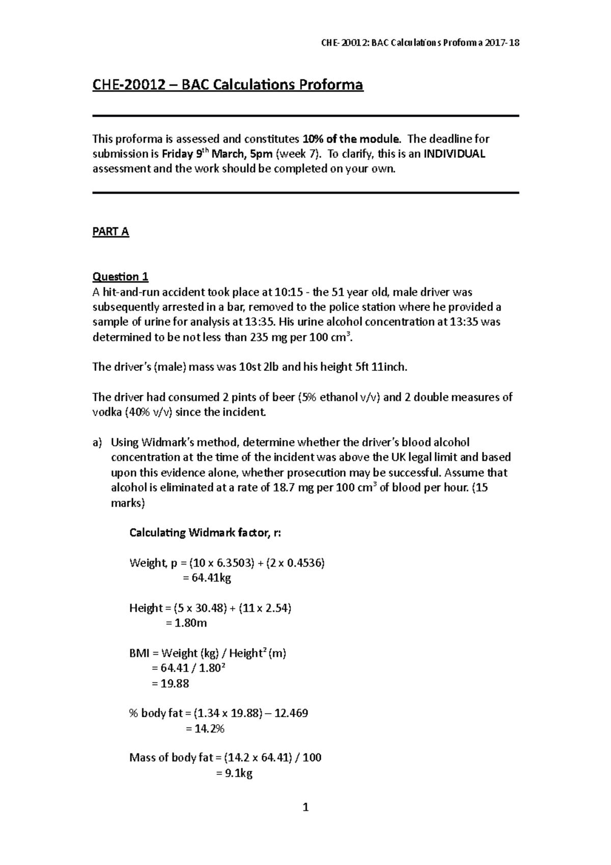 Ethanol Proforma 2017-18 - CHE-20012 – BAC Calculations Proforma This ...