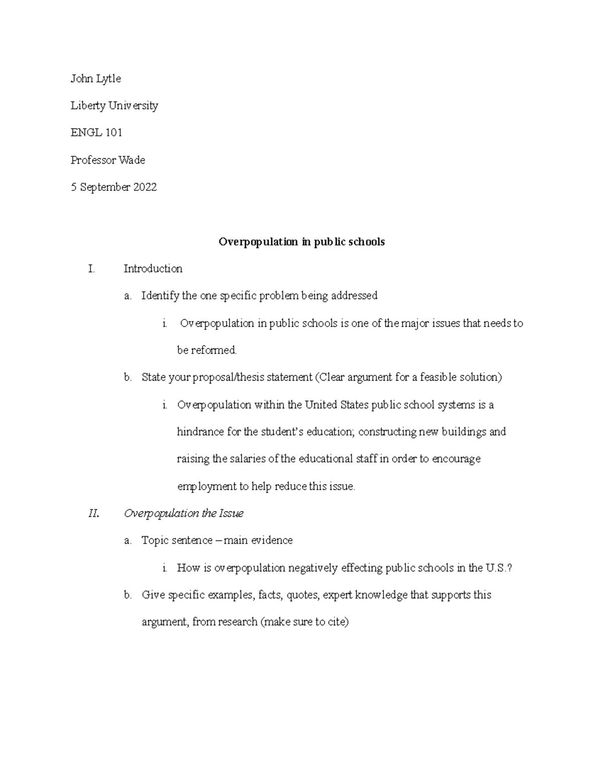 Proposal Classical Argument Thesis Outline - John Lytle Liberty ...