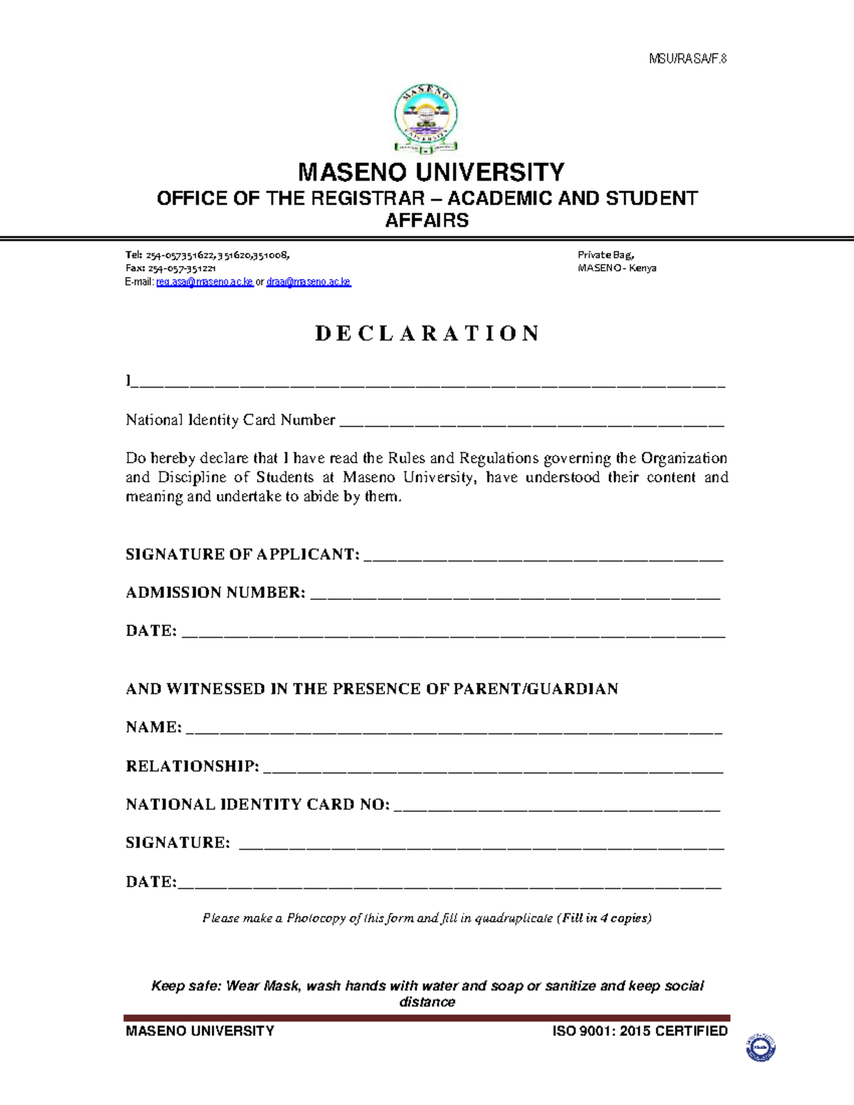 Students Declaration FORM - MSU/RASA/F. MASENO UNIVERSITY ISO 9001: ...