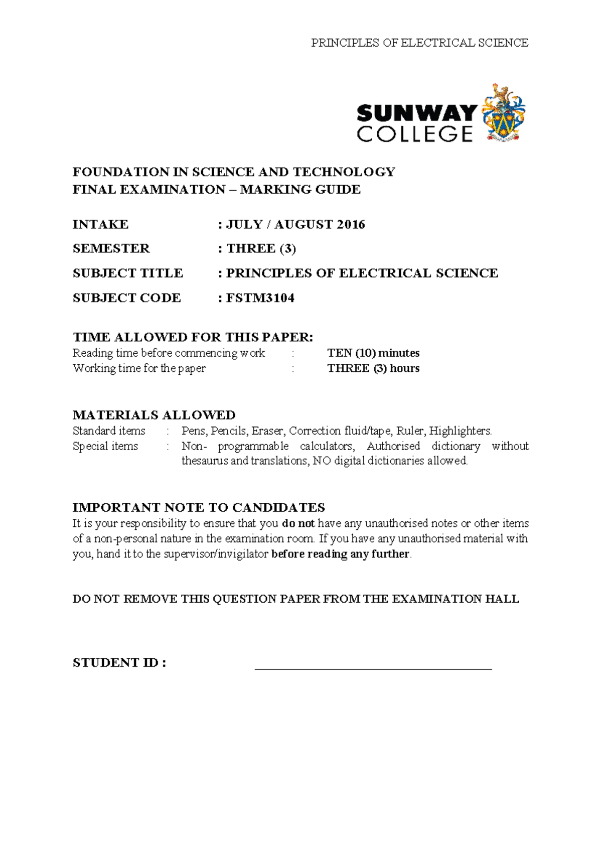 Final EXAM Paper JULY August 2016 - Marking Guide - FOUNDATION IN ...