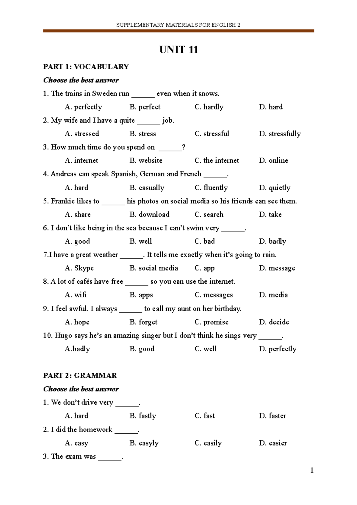 Sup U11 -To SS - tài liệu thực hành - UNIT 11 PART 1: VOCABULARY Choose ...