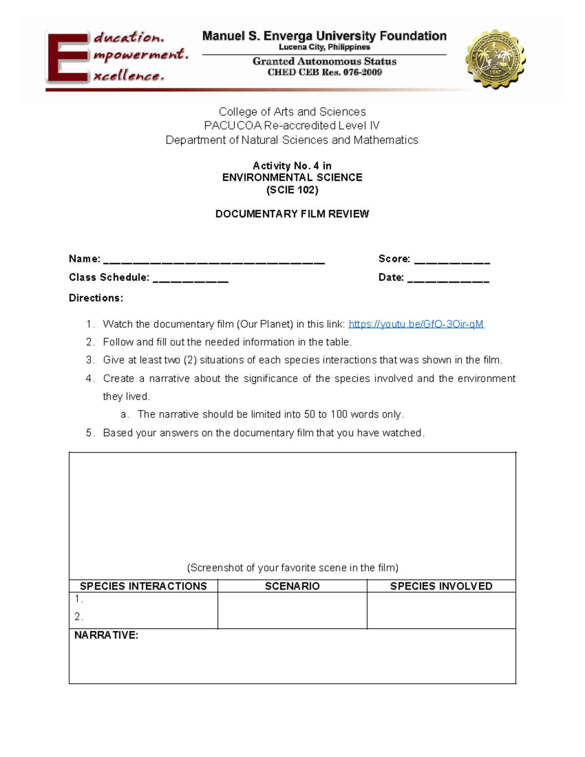 SCIE 102- ENVI SCI- Activity NO - College of Arts and Sciences PACUCOA Re-accredited Level IV ...