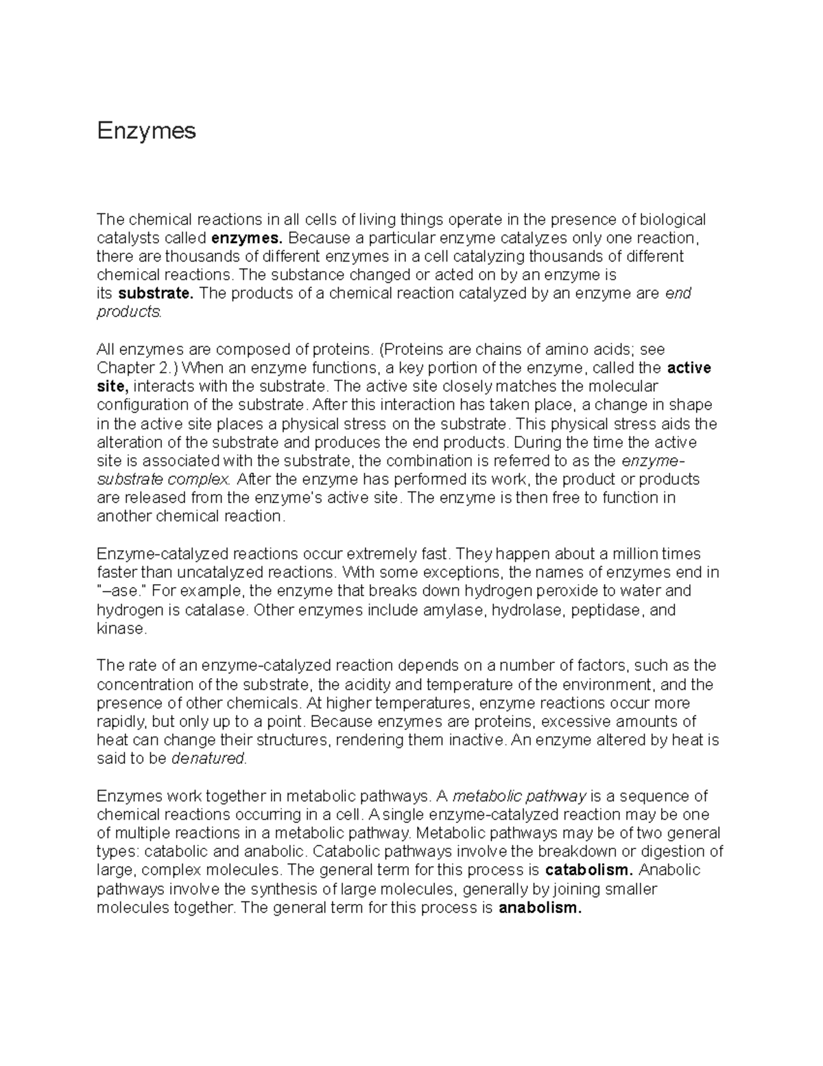 Enzymes 1 - notes - Enzymes The chemical reactions in all cells of ...