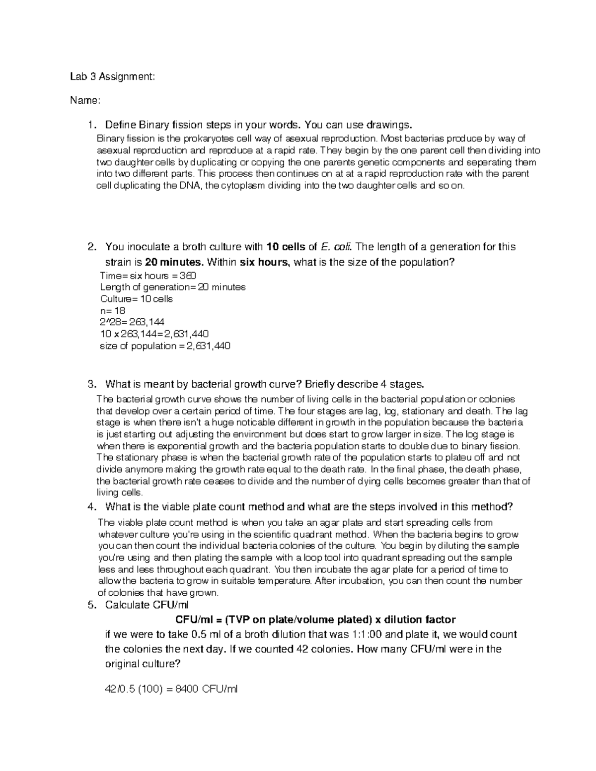 Lab Assignment 3 - Lab 3 Assignment: Name: 1. Define Binary fission steps in your words. You can ...