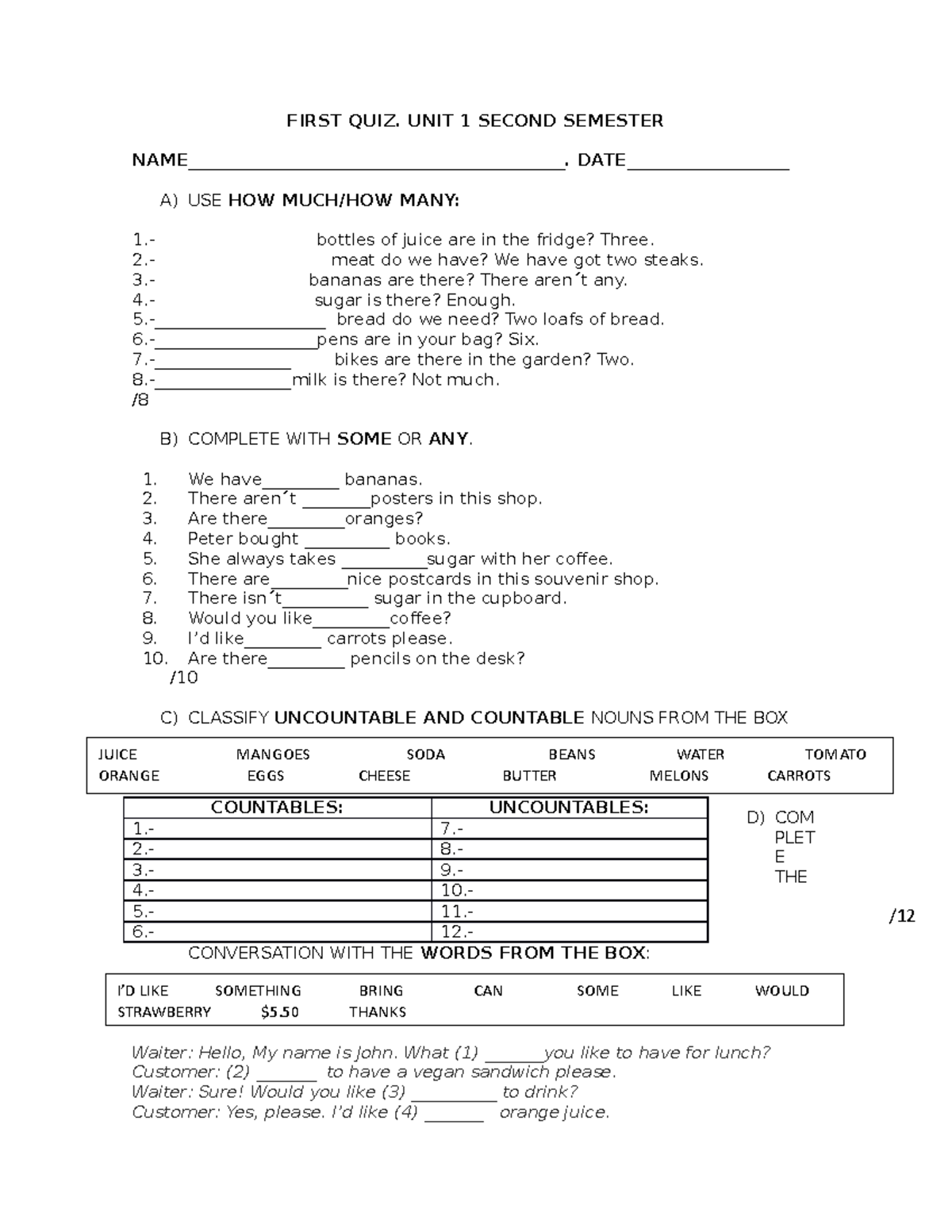 QUIZ FOOD Second Semester - FIRST QUIZ. UNIT 1 SECOND SEMESTER - Studocu