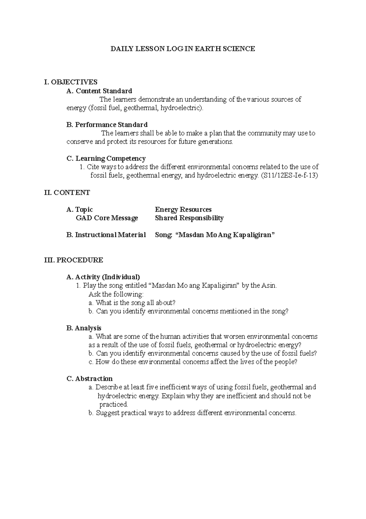 Earth Science 11 Energy Resources - DAILY LESSON LOG IN EARTH SCIENCE I ...