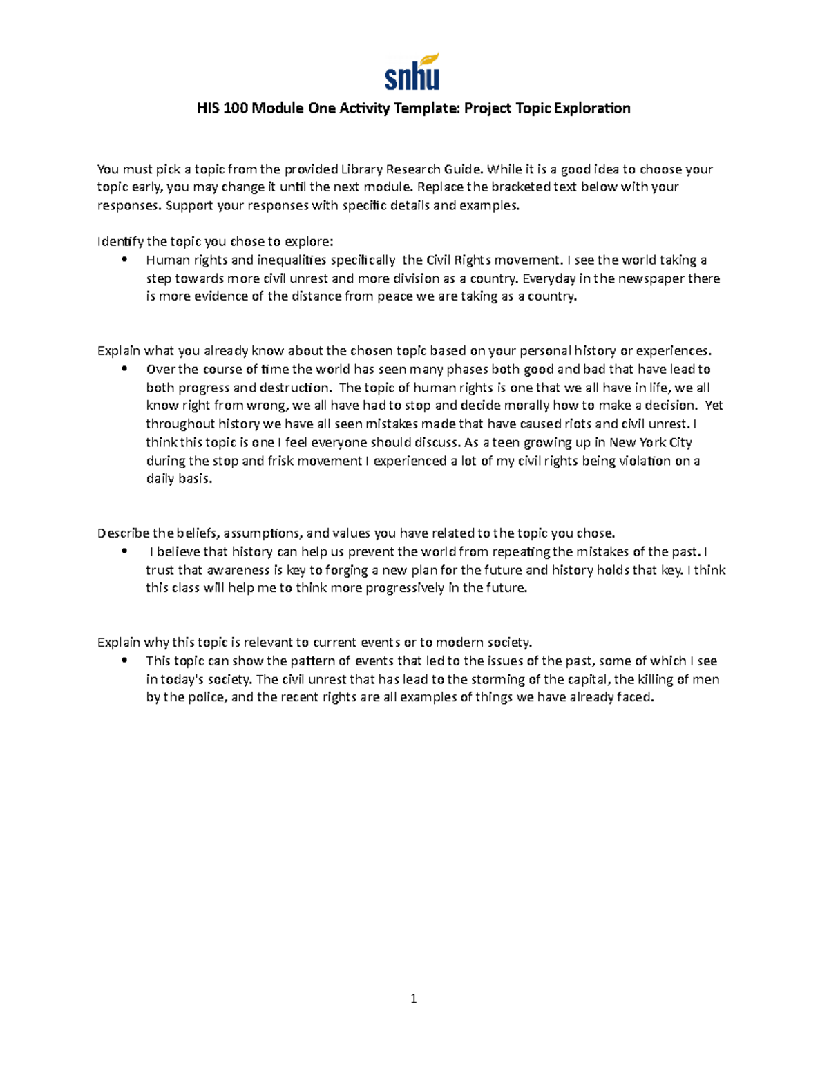 HIS 100 Module One Activity Template - While it is a good idea to ...